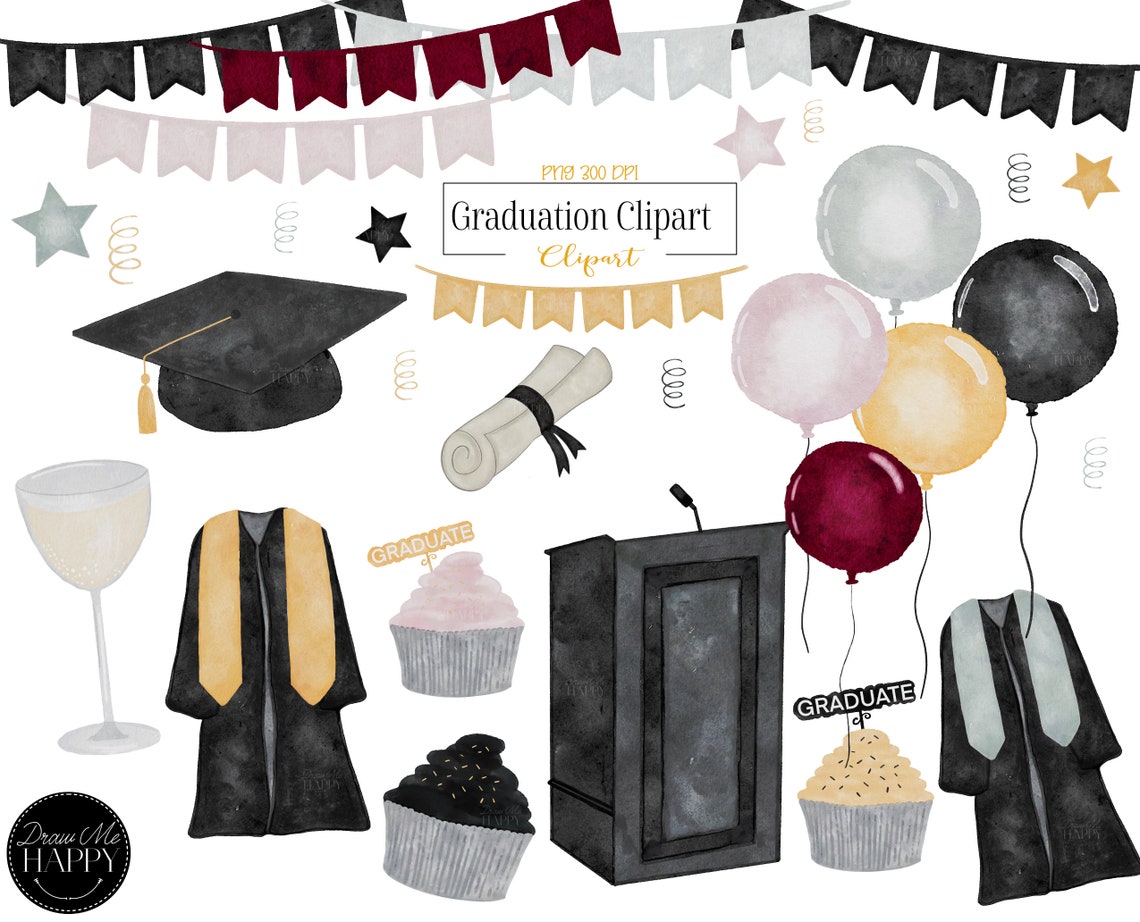 Graduation Clipart, Watercolor Graduation Clipart, Graduation Graphics ...