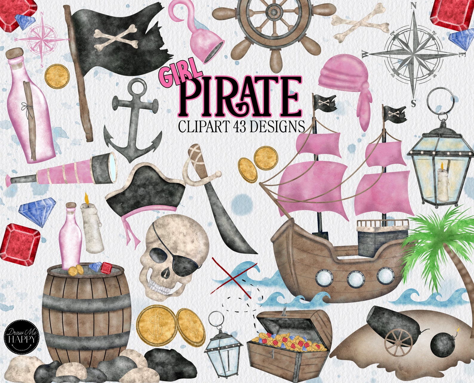 Girl Pirate Clipart, Watercolor Pirates, Pirate Ship Clipart, Pirate ...