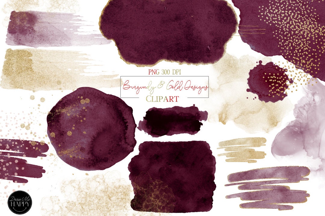 Burgundy and Gold, Burgundy Clipart, Burgundy Watercolor, Logo Elements ...