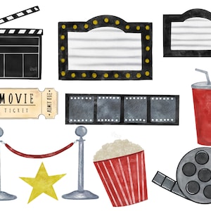 Movie Clipart, Watercolor Movie Clipart, Popcorn Clipart, Theater ...