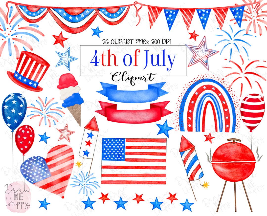 4th of July Clipart, Watercolor 4th of July Clipart, Independence Day ...