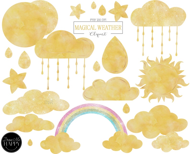 Watercolor Clouds Clipart, Watercolor Rainbow Clipart, Sky Clipart ...