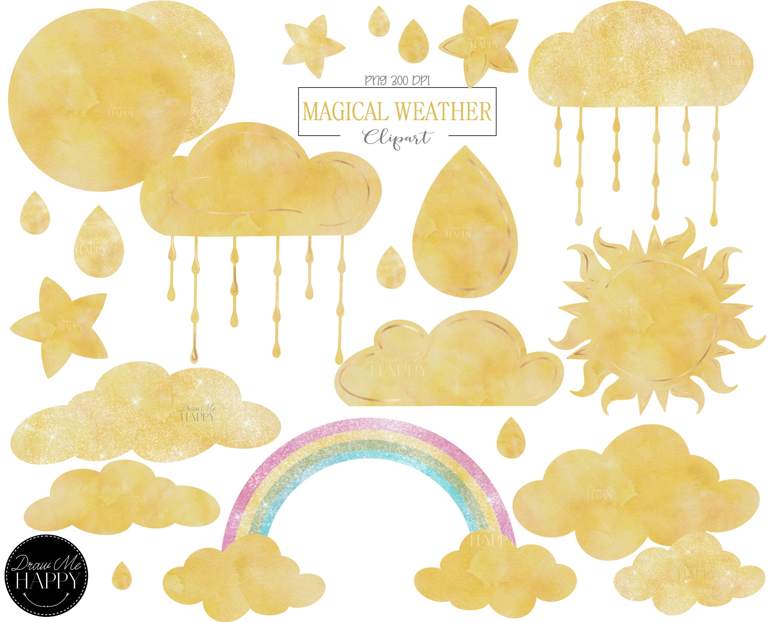 Watercolor Clouds Clipart, Watercolor Rainbow Clipart, Sky Clipart ...