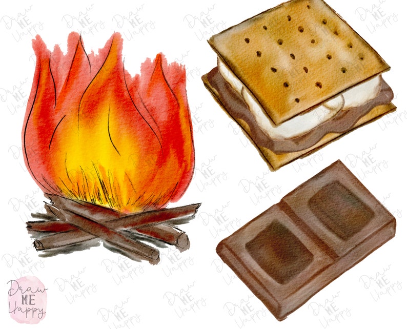 S'mores Clipart, Campfire Clipart, Camping Graphics, Watercolor Clipart ...