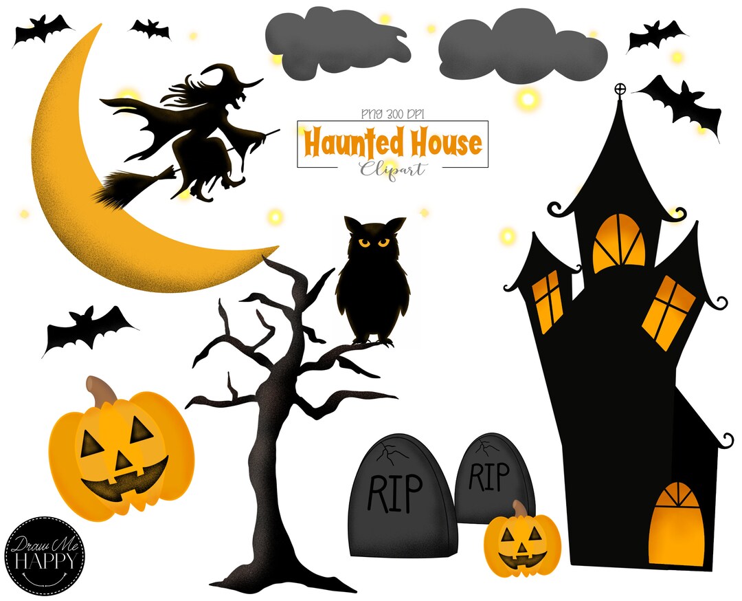 Halloween Clipart, Haunted House, Flying Witch, Pumpkin Clipart, Spooky ...