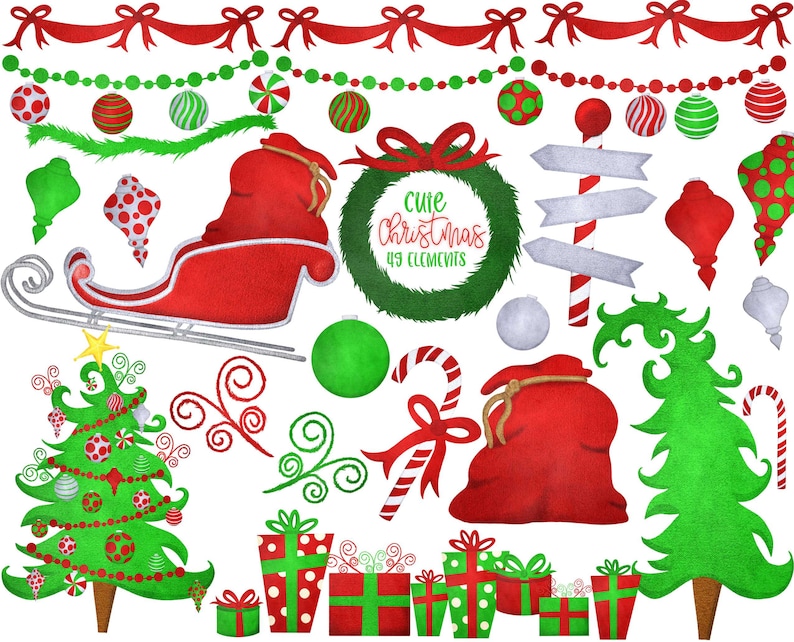 Christmas Clipart, Red and Green Christmas Clipart, Christmas Sleigh ...