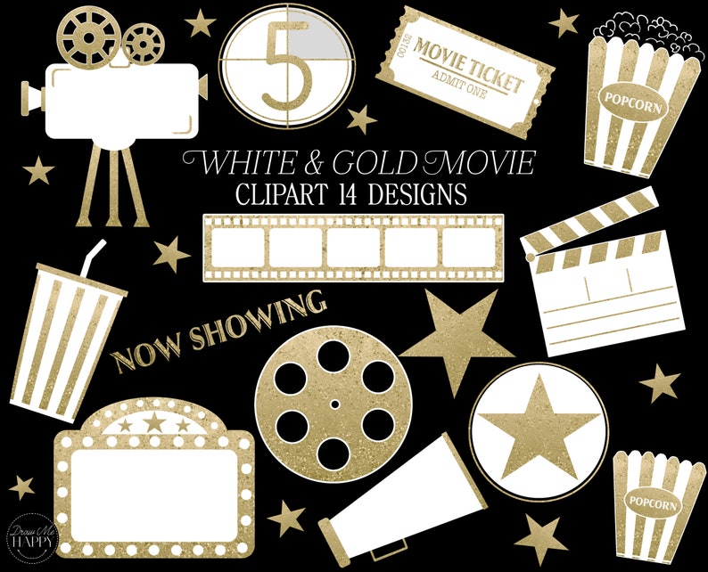 White and Gold Movie Clipart, Cinema Illustrations (PNG, 14 Designs) - Etsy