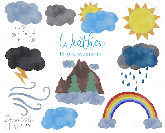 Watercolor Weather Clipart Cloud Clipart Rainbow Clipart - Etsy