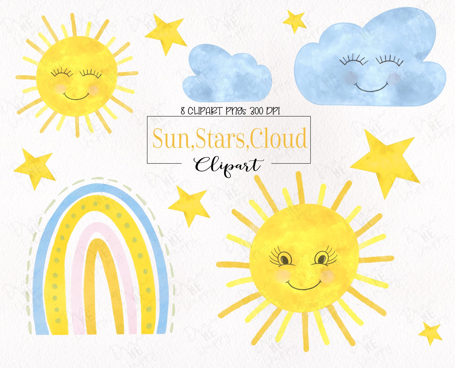Watercolor Sun Clipart, Cloud Clipart, Star Clipart, Rainbow Clipart ...
