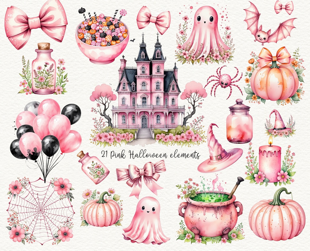 Pink Halloween Clipart, Coquette Halloween, Pink Halloween Watercolor ...