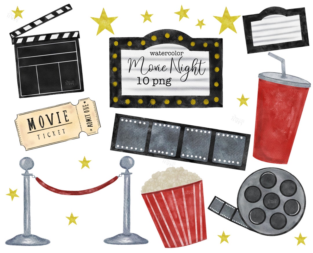 Movie Clipart, Watercolor Movie Clipart, Popcorn Clipart, Theater ...