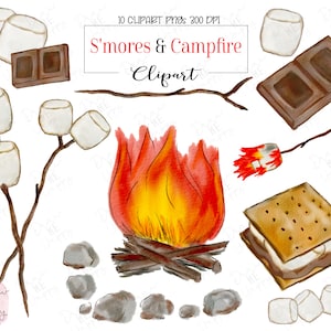 S'mores Clipart, Campfire Clipart, Camping Graphics, Watercolor Clipart ...