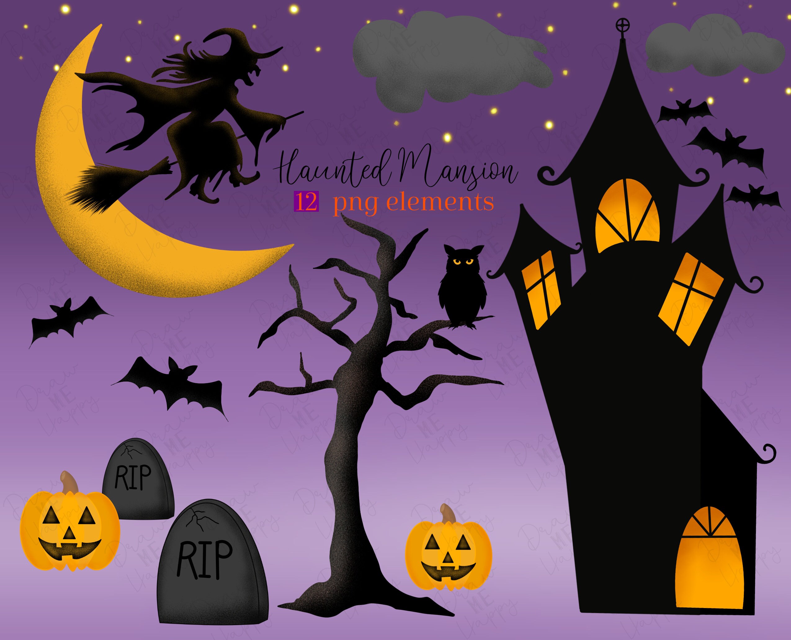 Halloween Clipart, Haunted House, Flying Witch, Pumpkin Clipart, Spooky ...