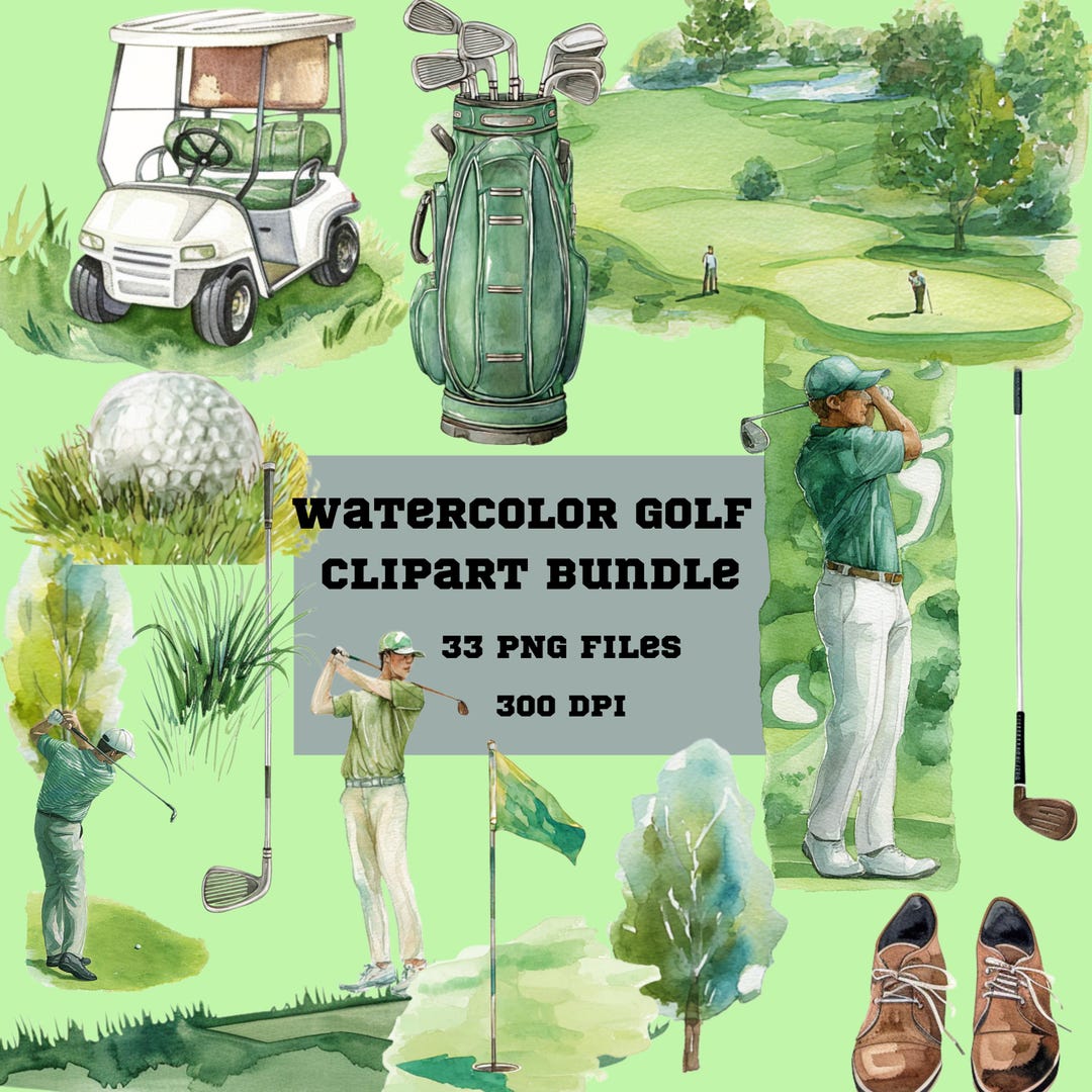 Watercolor Golf Clipart PNG Bundle – 33 Golf Elements, 300 DPI Sports ...