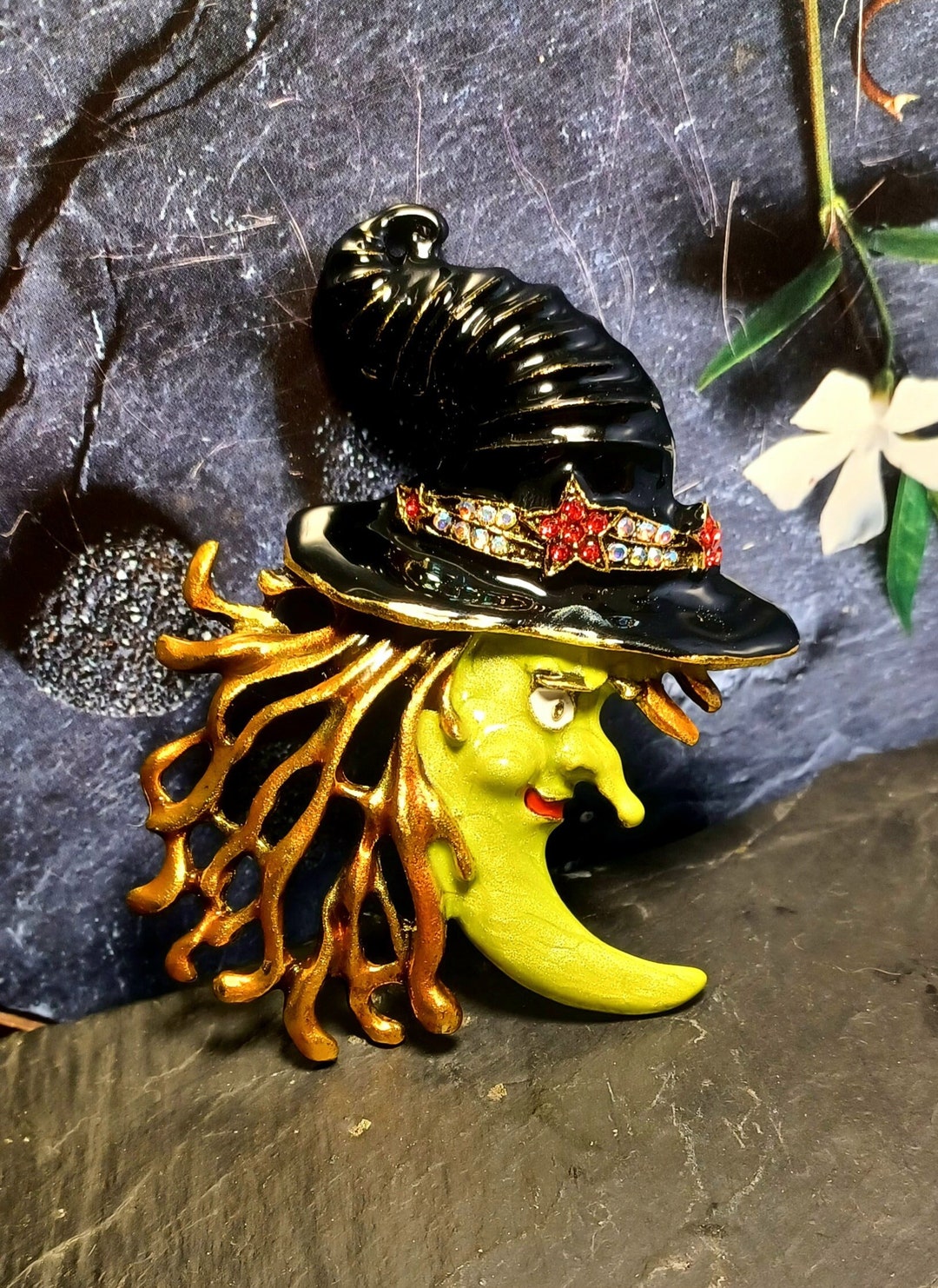 Vintage Large Witch Moon Face Brooch Black Witch Hat Signed Kirks Folly ...