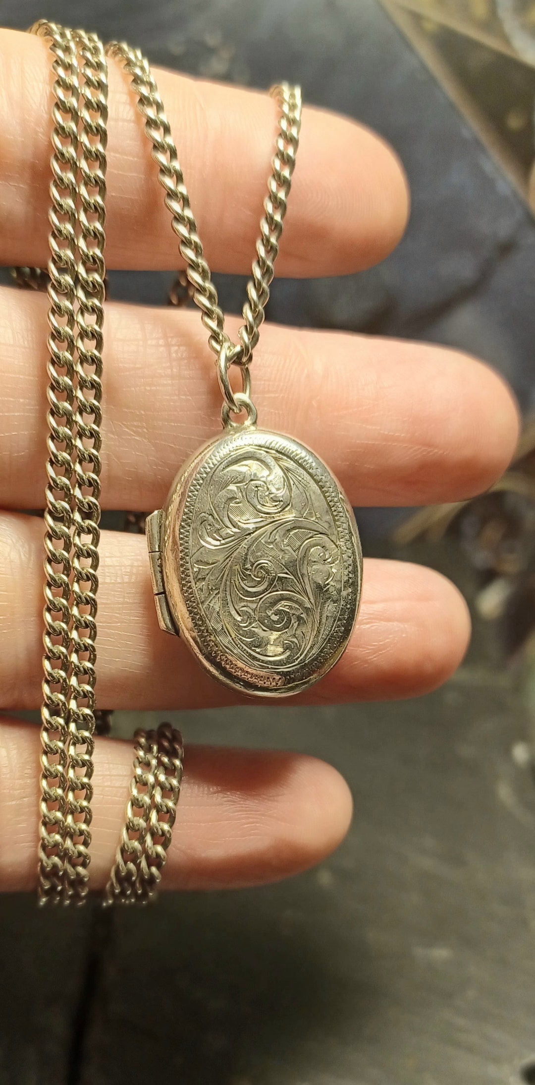 Vintage Sterling Silver Locket & Chain Unusual Chain. Etched Scrollwork ...