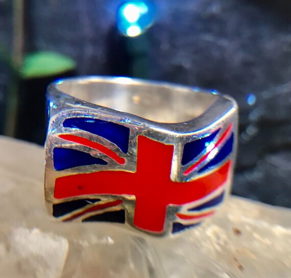 UNION JACK FLAG Ring, Vintage Hallmarked Silver and E… - Gem
