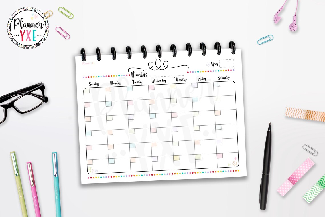 Monthly Horizontal Calendar, Sunday Start, INSTANT DOWNLOAD, Planner ...