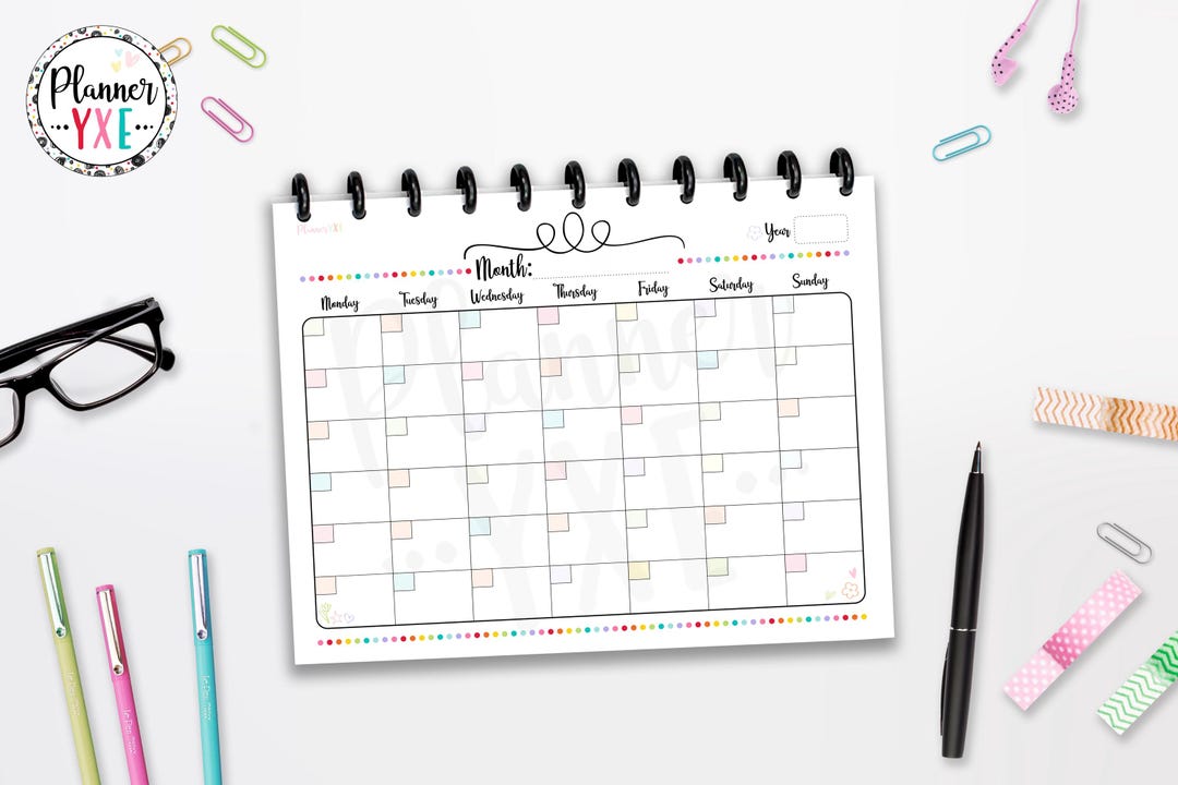 Monthly Horizontal Calendar, Monday Start, INSTANT DOWNLOAD, Planner ...