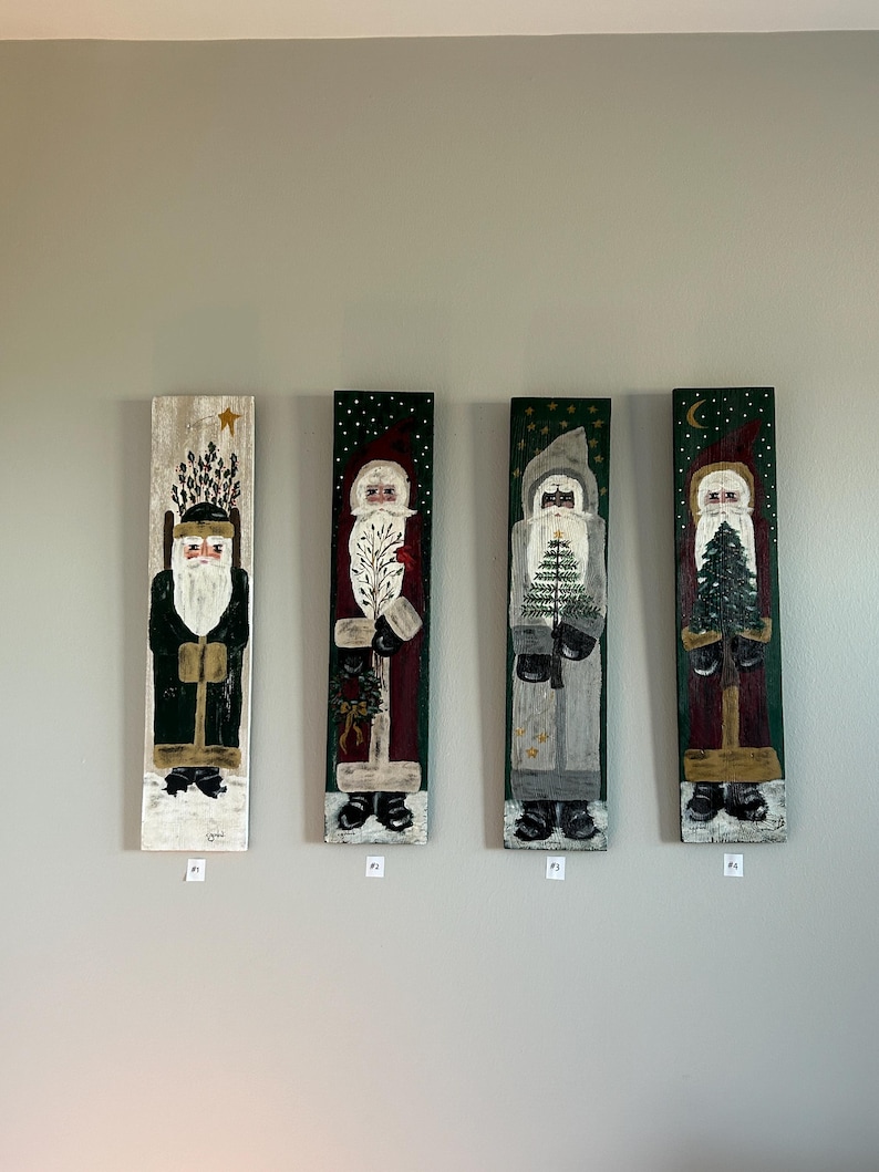 Hand-painted, Original Design Santas; Reclaimed Fence Boards; Holiday ...