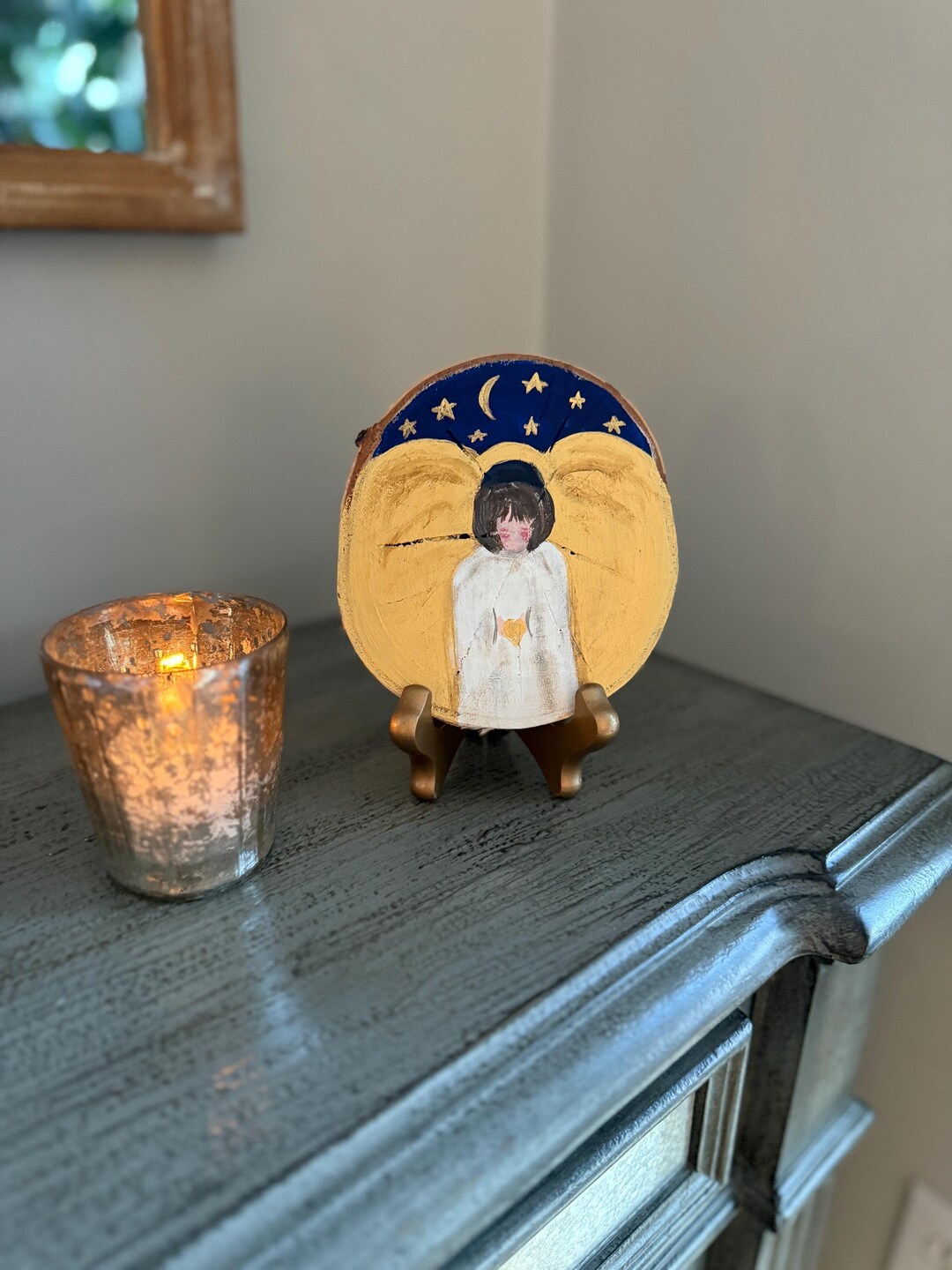 Hand-painted Angel on Aged Birch Slab: Gold Heart Holiday Decor - Etsy