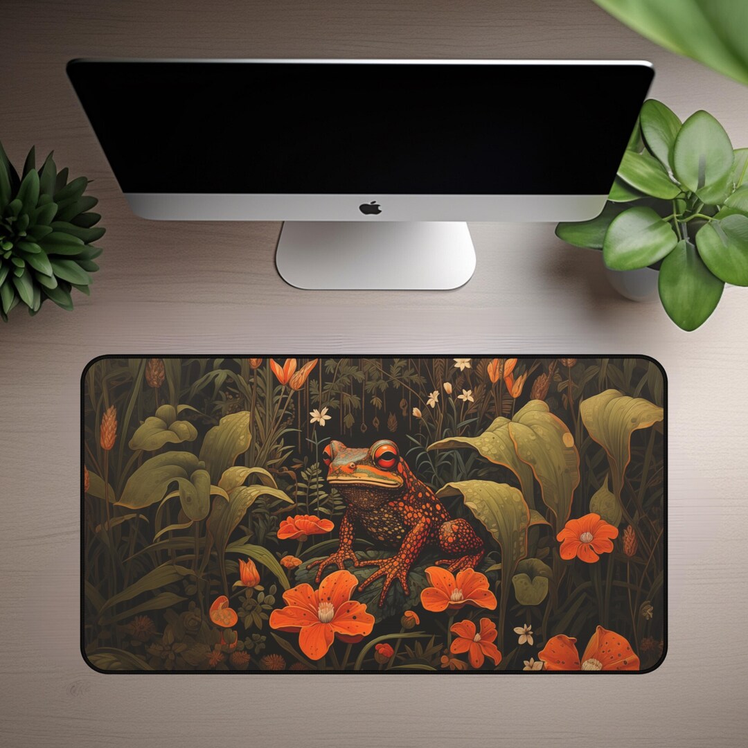 Cute Frog Dark Botanical Deskmat, Green Desk Mat, Frog Desk Pad, Floral ...