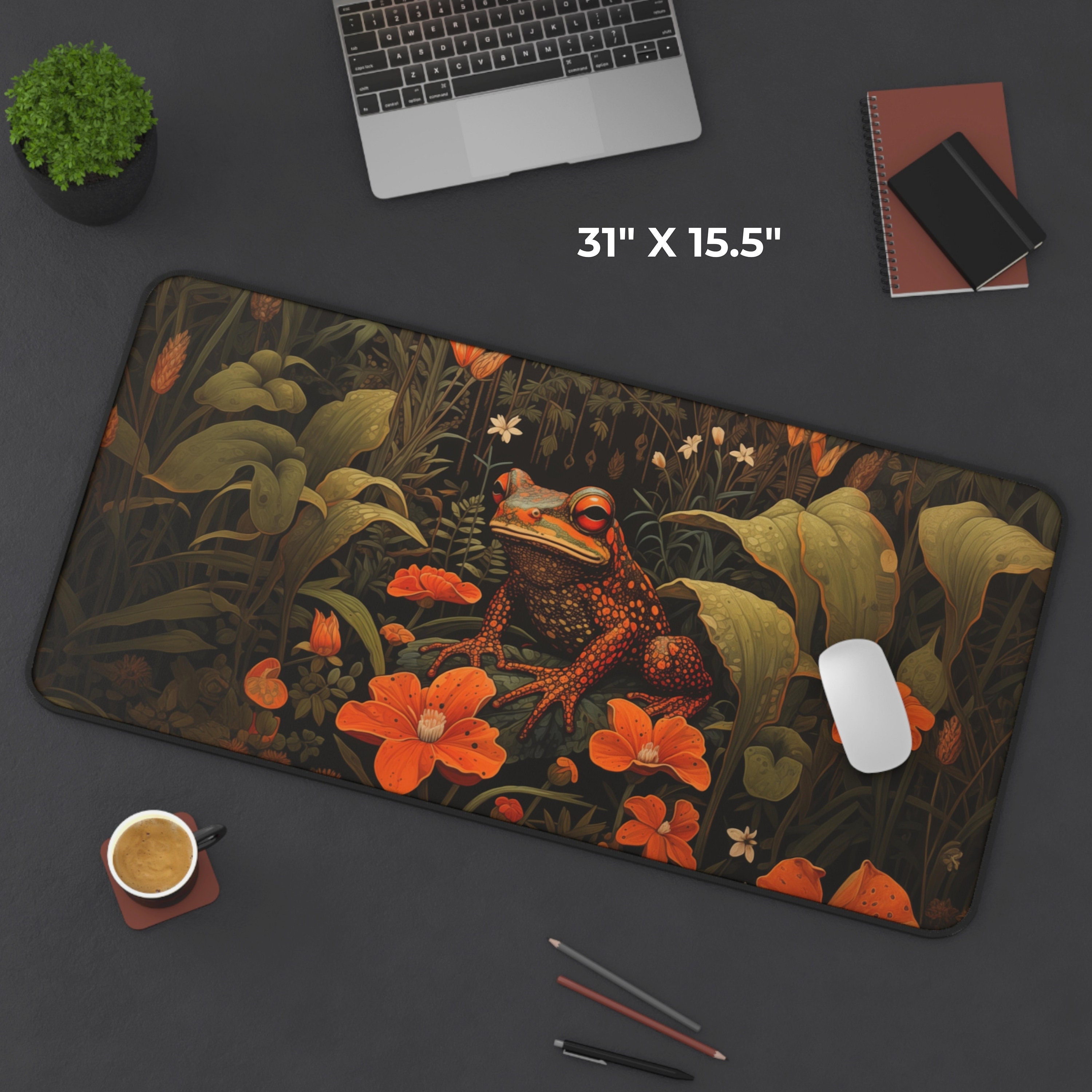 Cute Frog Dark Botanical Deskmat, Green Desk Mat, Frog Desk Pad, Floral ...