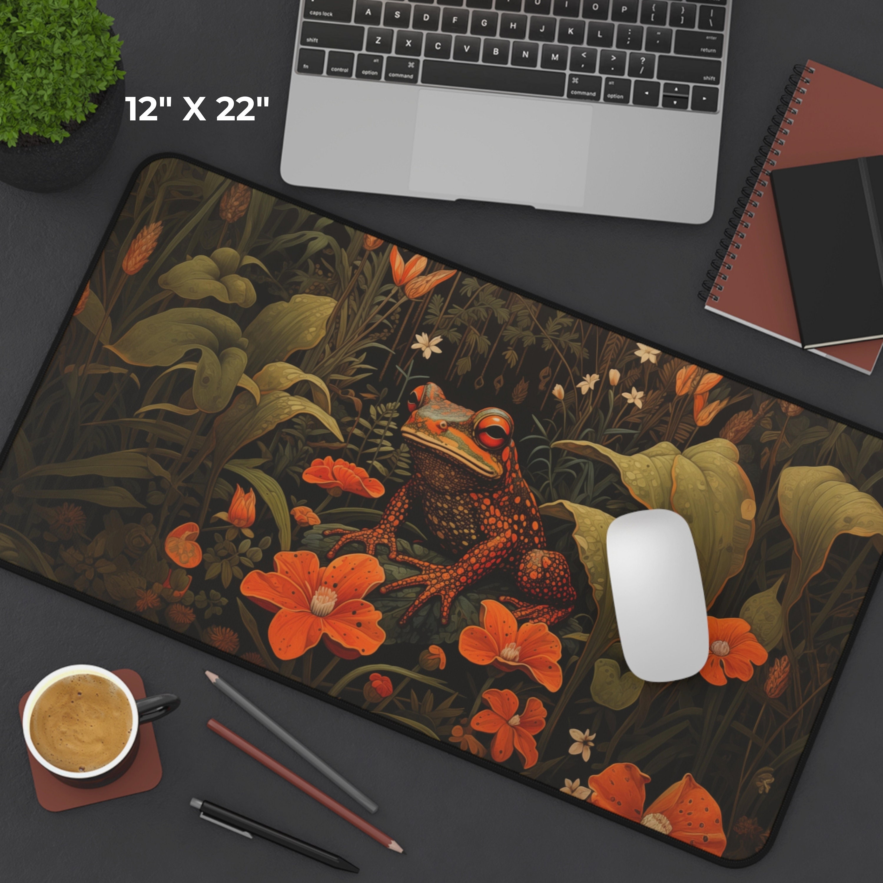 Cute Frog Dark Botanical Deskmat, Green Desk Mat, Frog Desk Pad, Floral ...