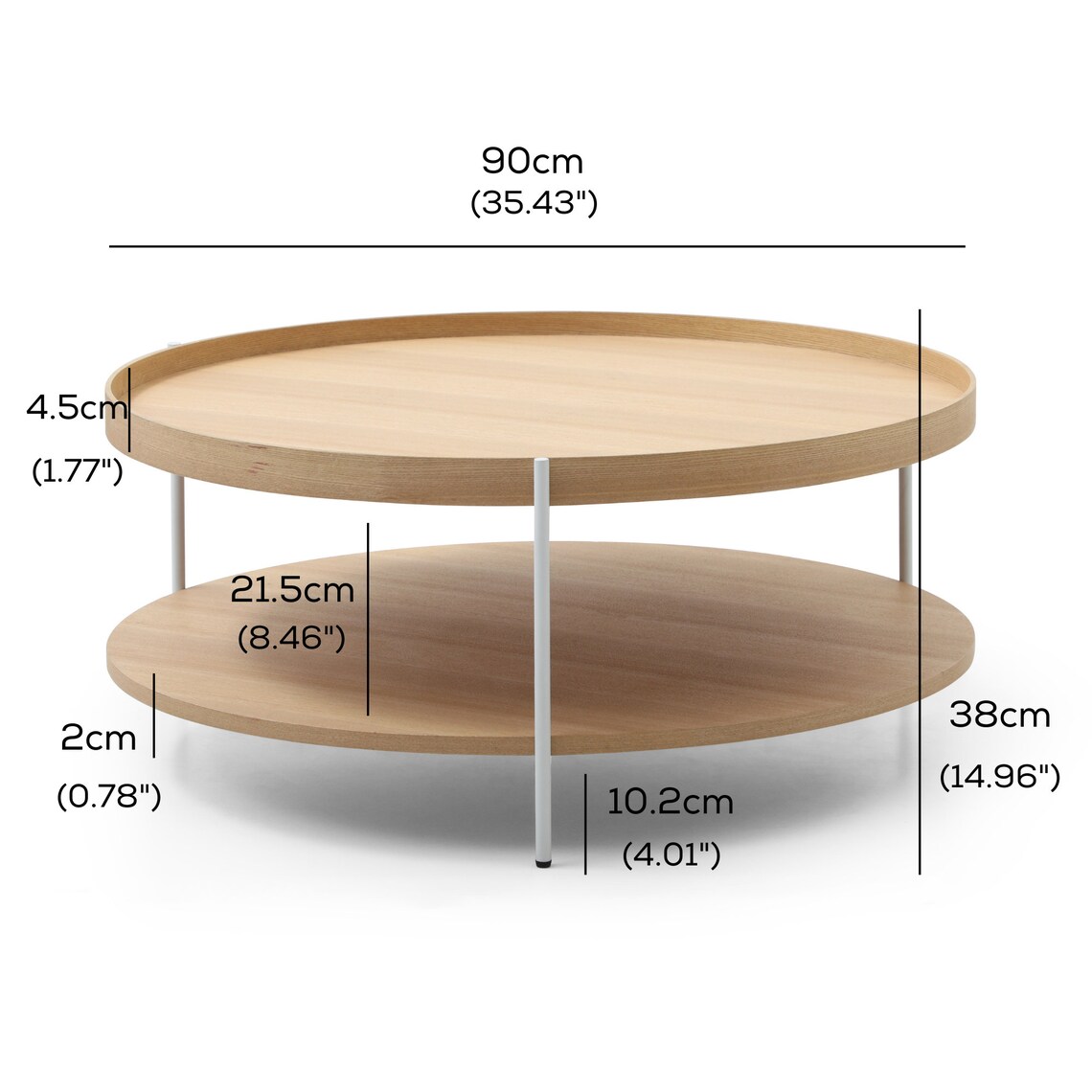 Cleo 90cm Round Coffee Table Ash With Storage Shelf White Legs Scandi ...
