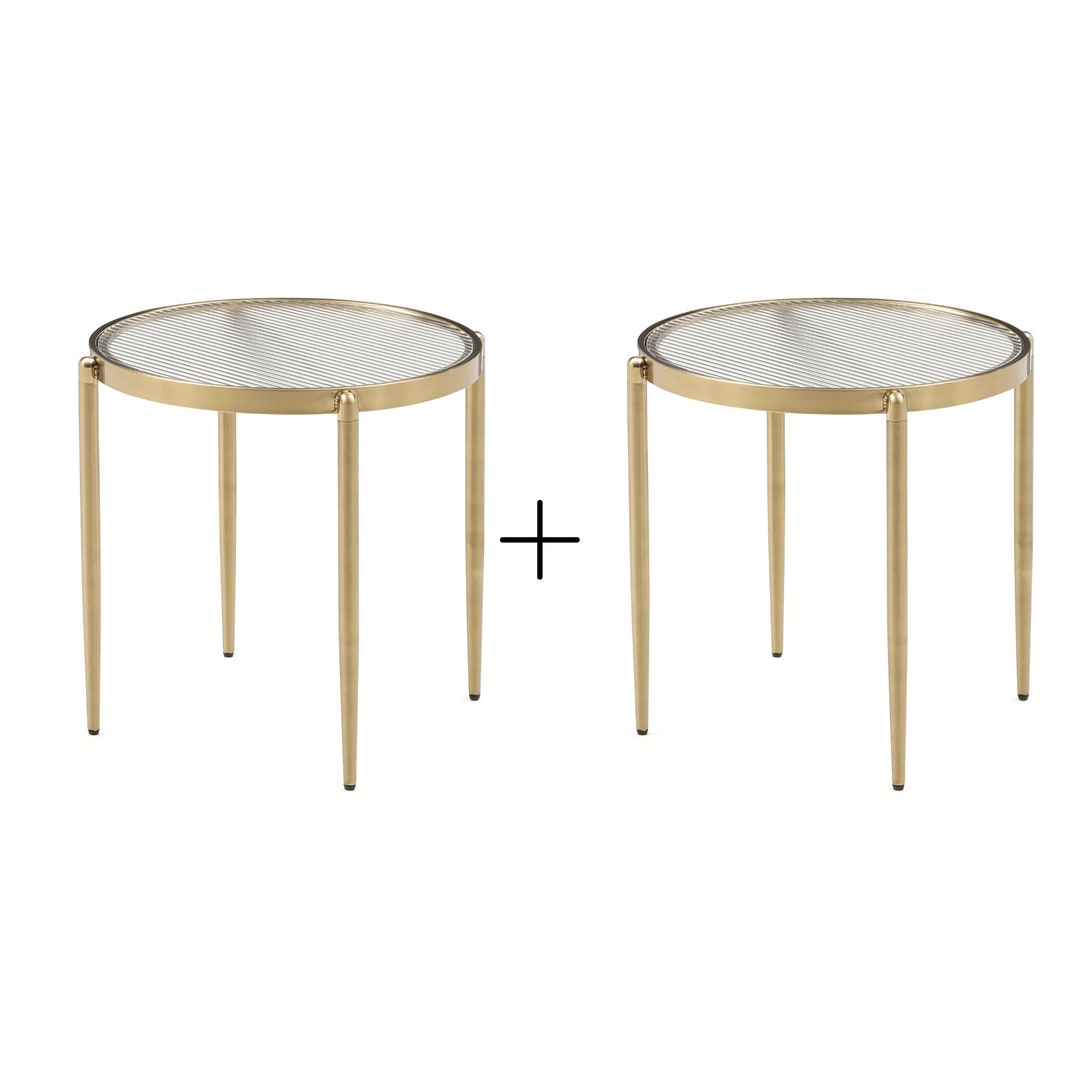 Gatsby Set of 2 48cm Round Side Tables Fluted Glass Gold Metal Bundle End Table Art Deco Glam ...