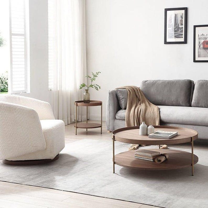 Cleo Set of 2 90cm Round Coffee Table Walnut & Gold Legs With Storage ...