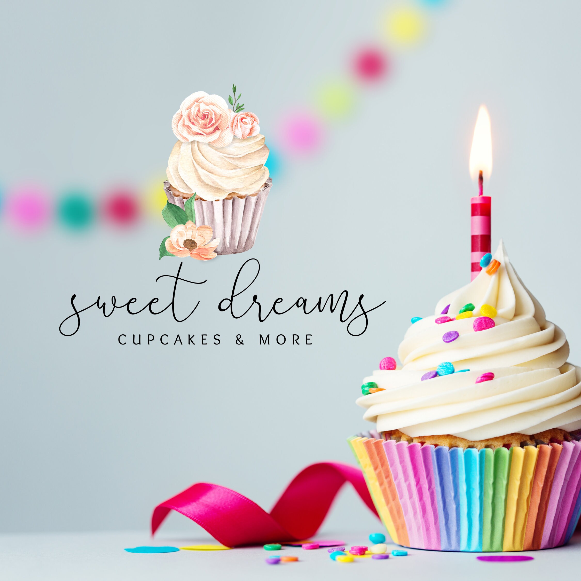 Premade Logo • Cupcake Logo • Floral Cup Cake Logo • Rose Flowers ...