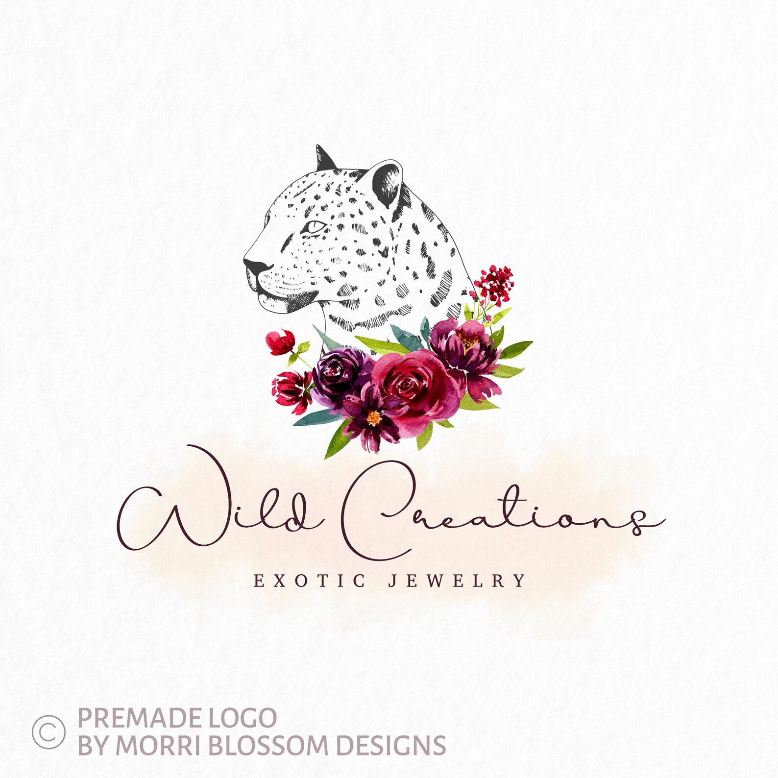 Premade Logo • Leopard Cheetah Logo • Red Floral Logo • Exotic Animal ...