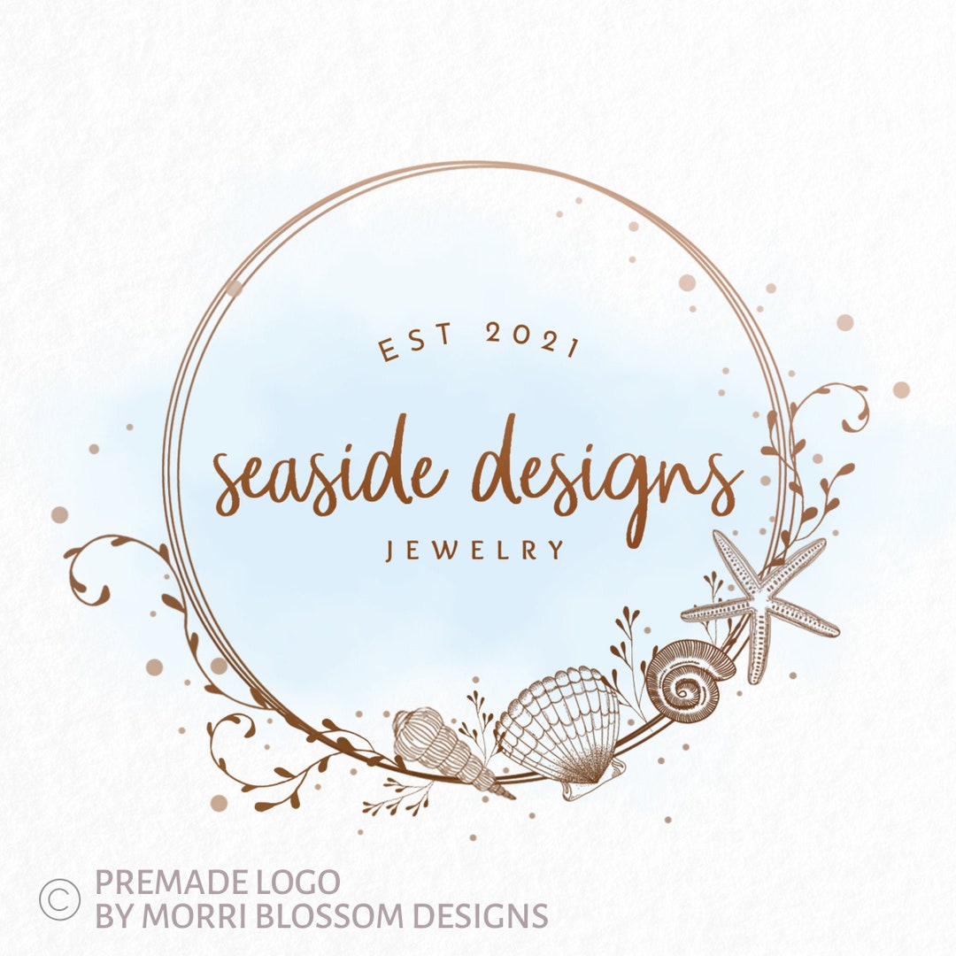 Premade Logo • Ocean Watercolor Logo • Seashells Logo • Blue, Gold ...