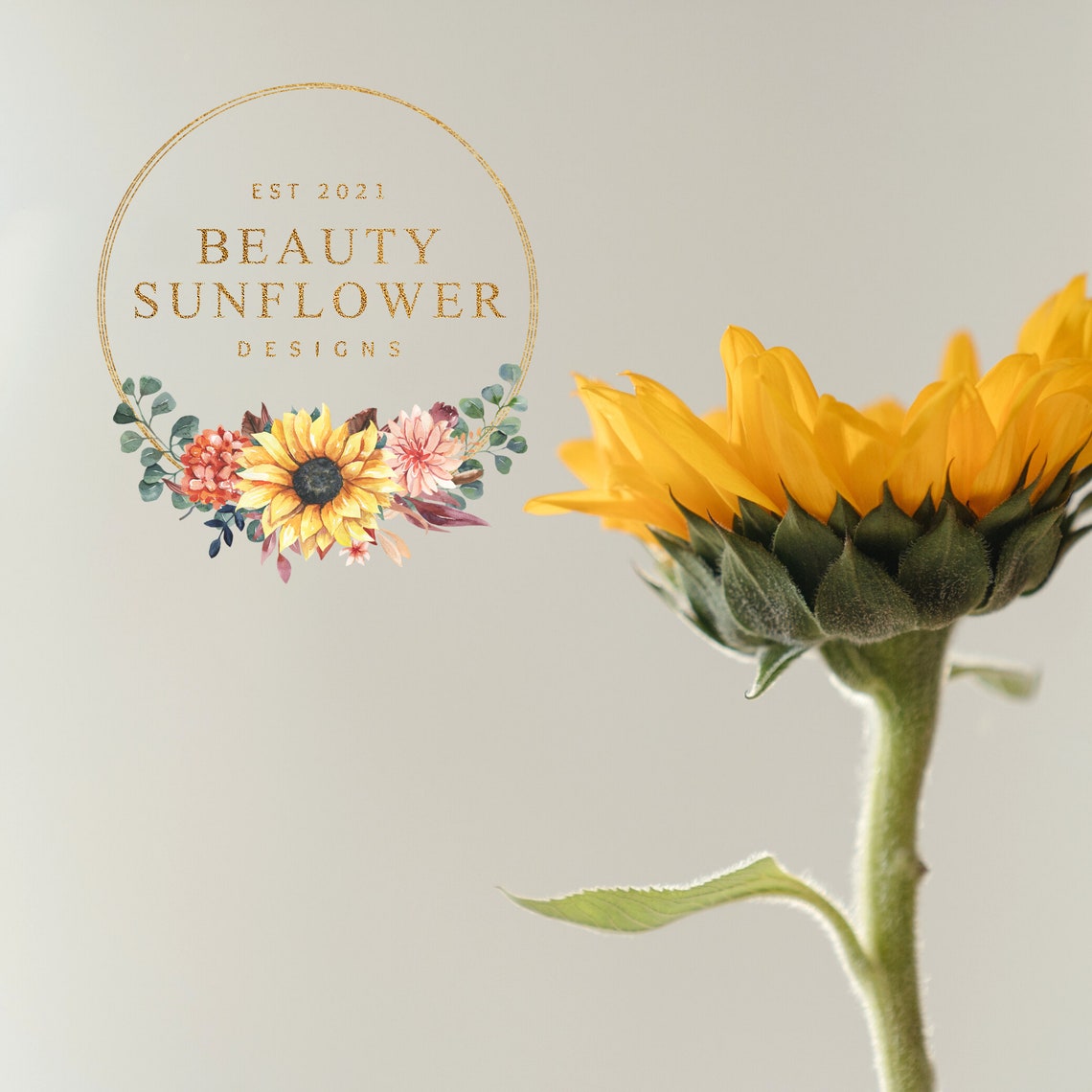 Premade Logo • Sunflower Round Frame Logo • Floral Logo • Boho Logo ...