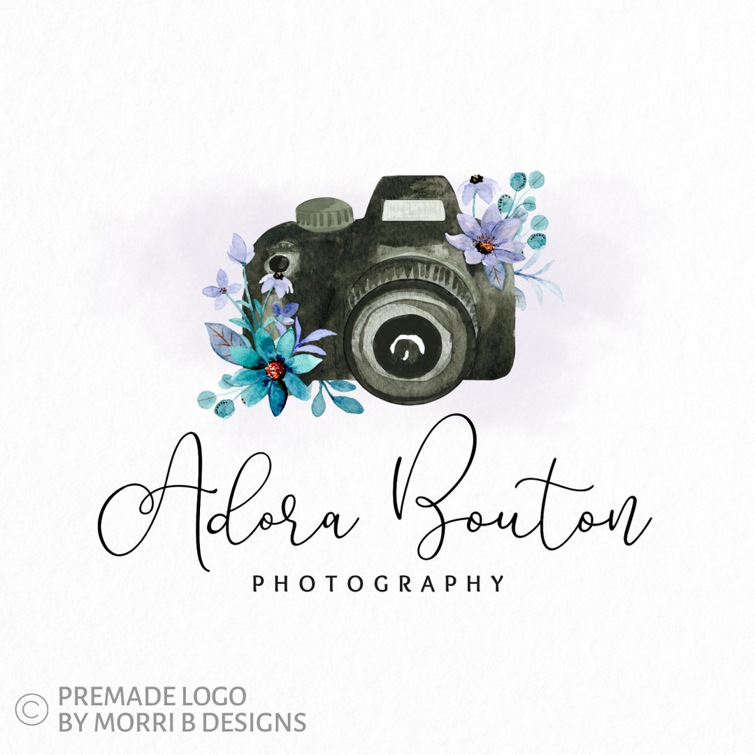 Premade Logo • Floral Camera Logo • Blue & Purple Flowers • Digital ...