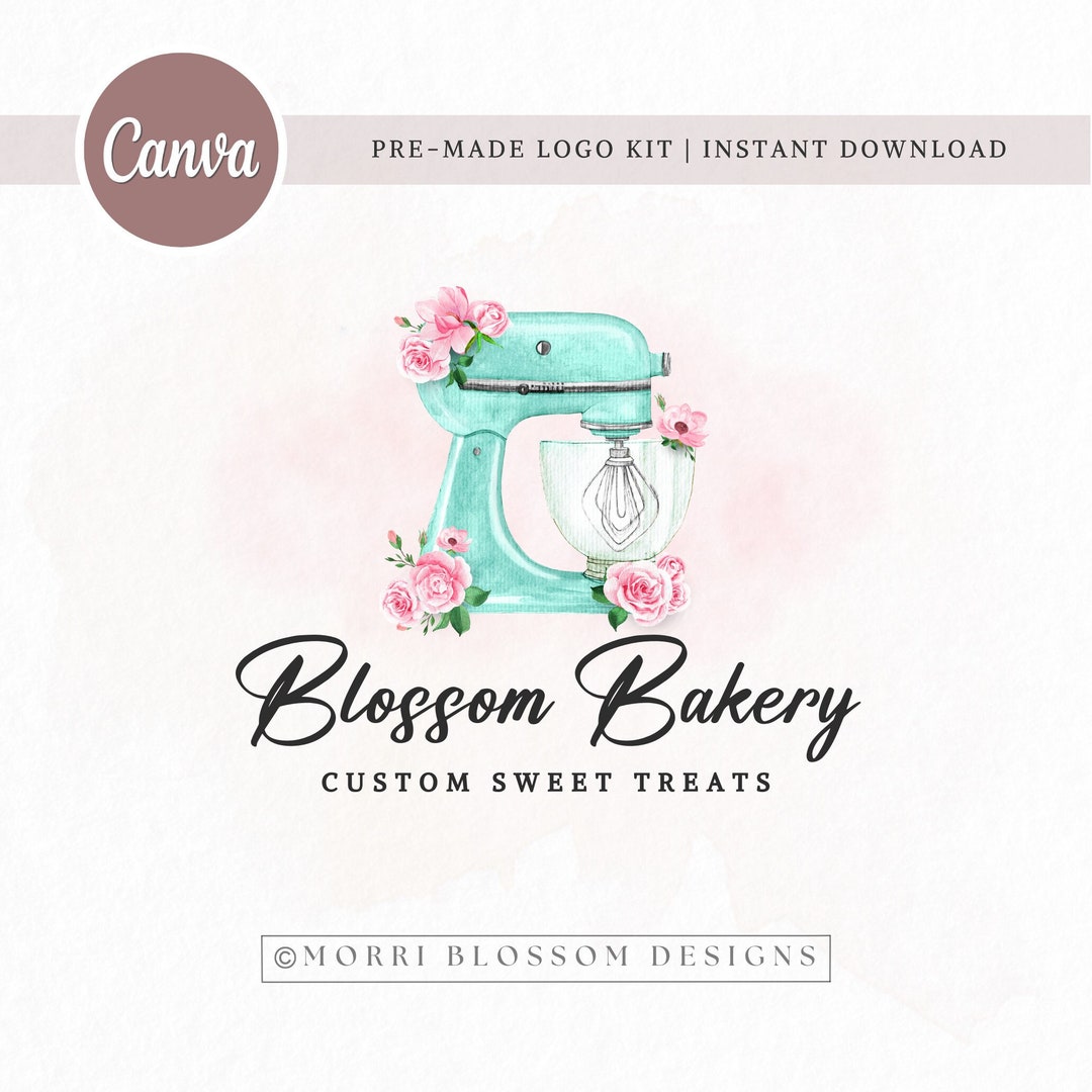 Premade Logo • Blue Cake Mixer Logo With Pink Roses • Bakery Logo ...