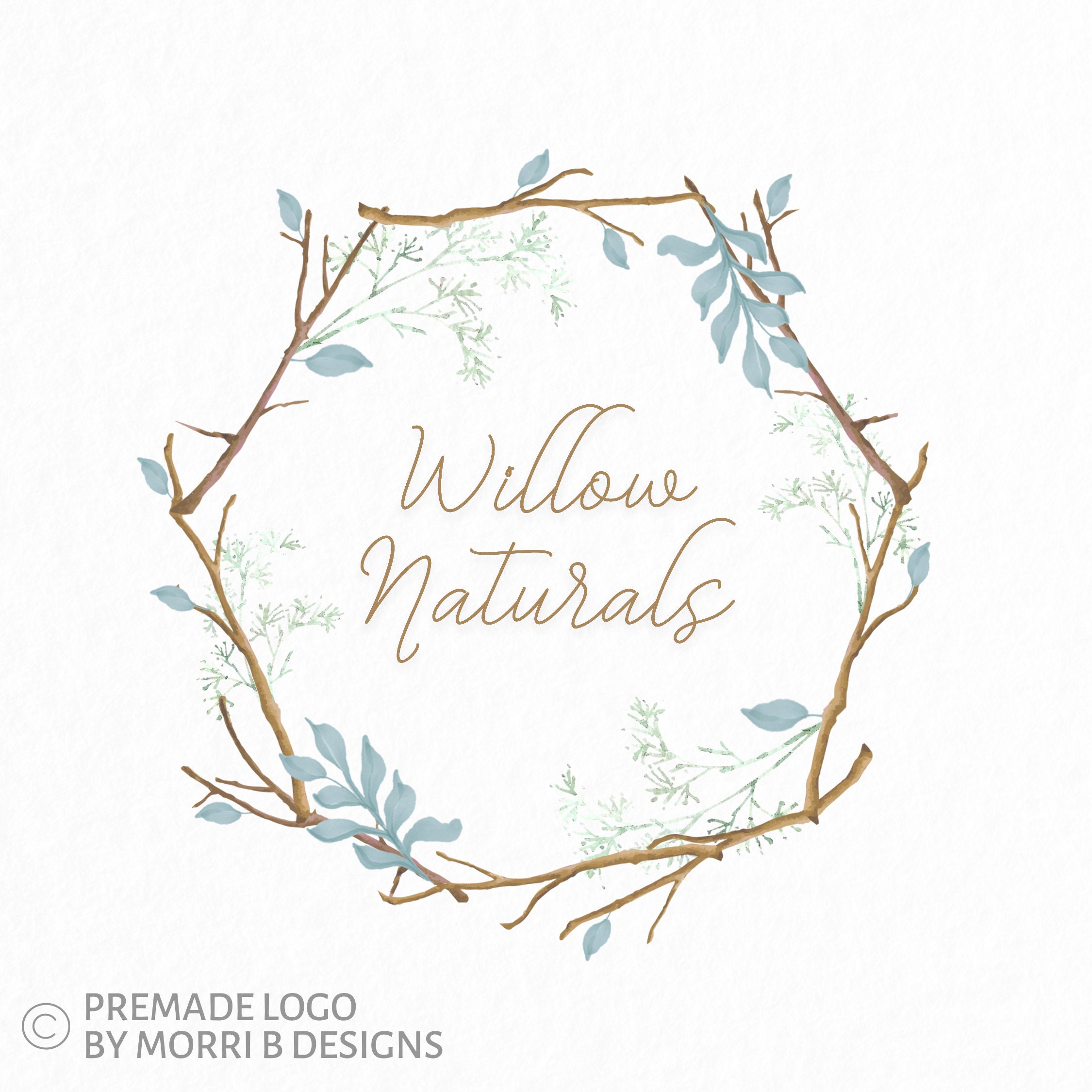 Premade Logo • Branches & Blue Foliage Logo • Boho Logo • Rustic Wreath ...