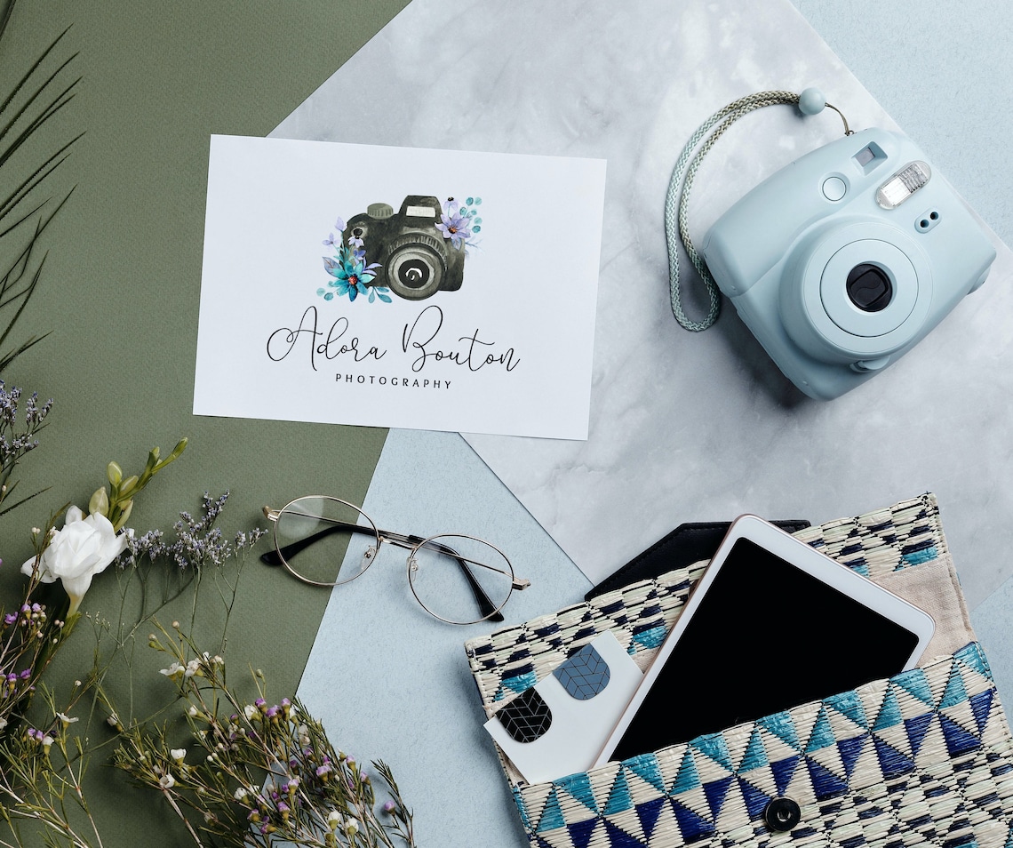 Premade Logo • Floral Camera Logo • Blue & Purple Flowers • Digital ...