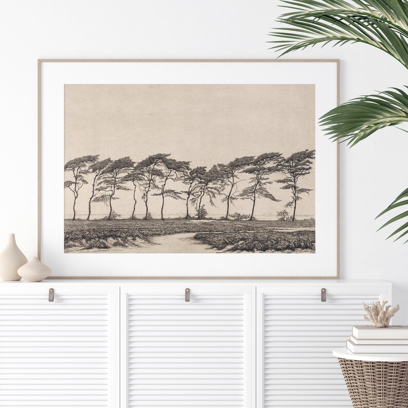 Pine Tree Landscape Print, Printable Tree Art, Vintage Tree Drawing ...