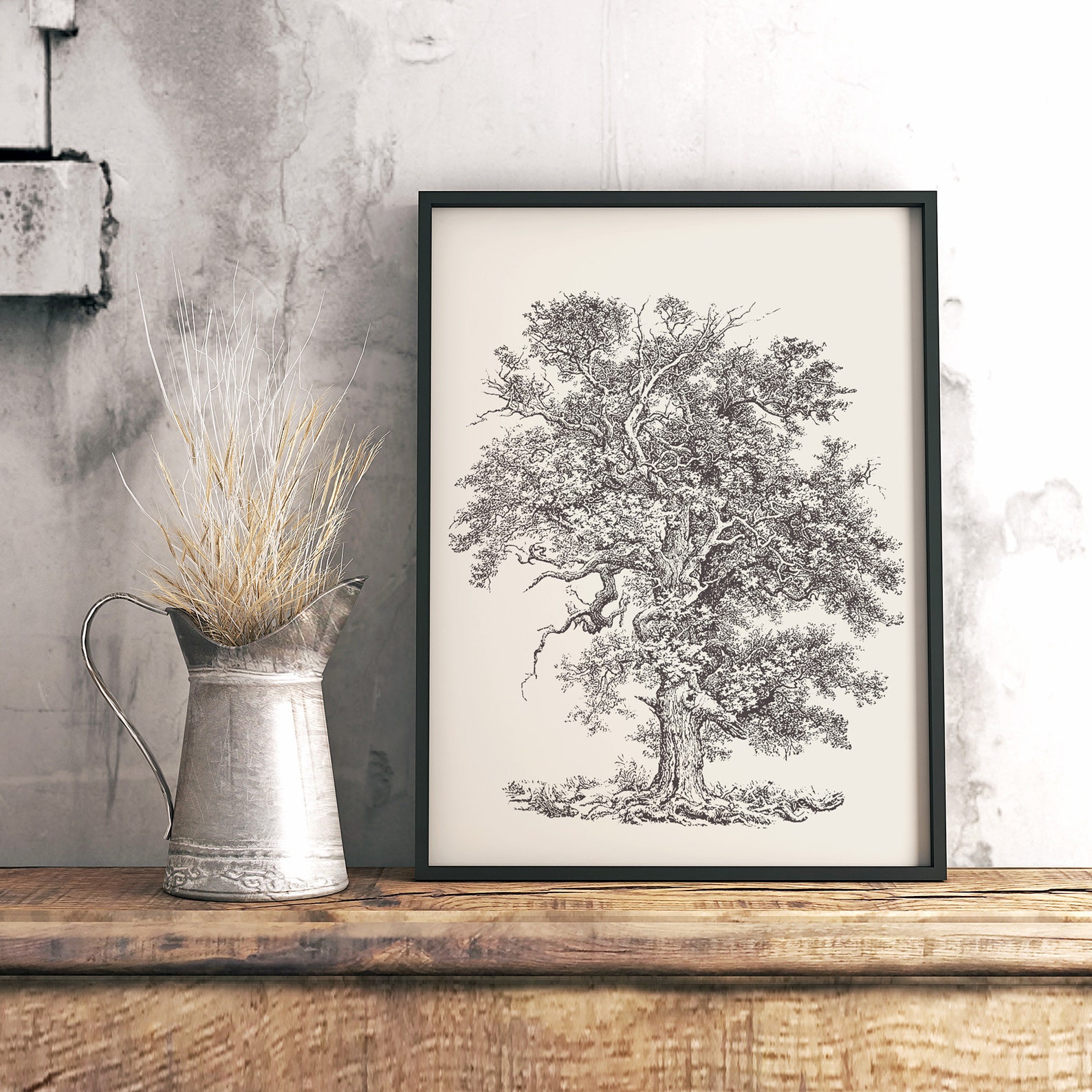 English Oak Tree Sketch Print, Vintage Neutral Drawing Enhanced ...
