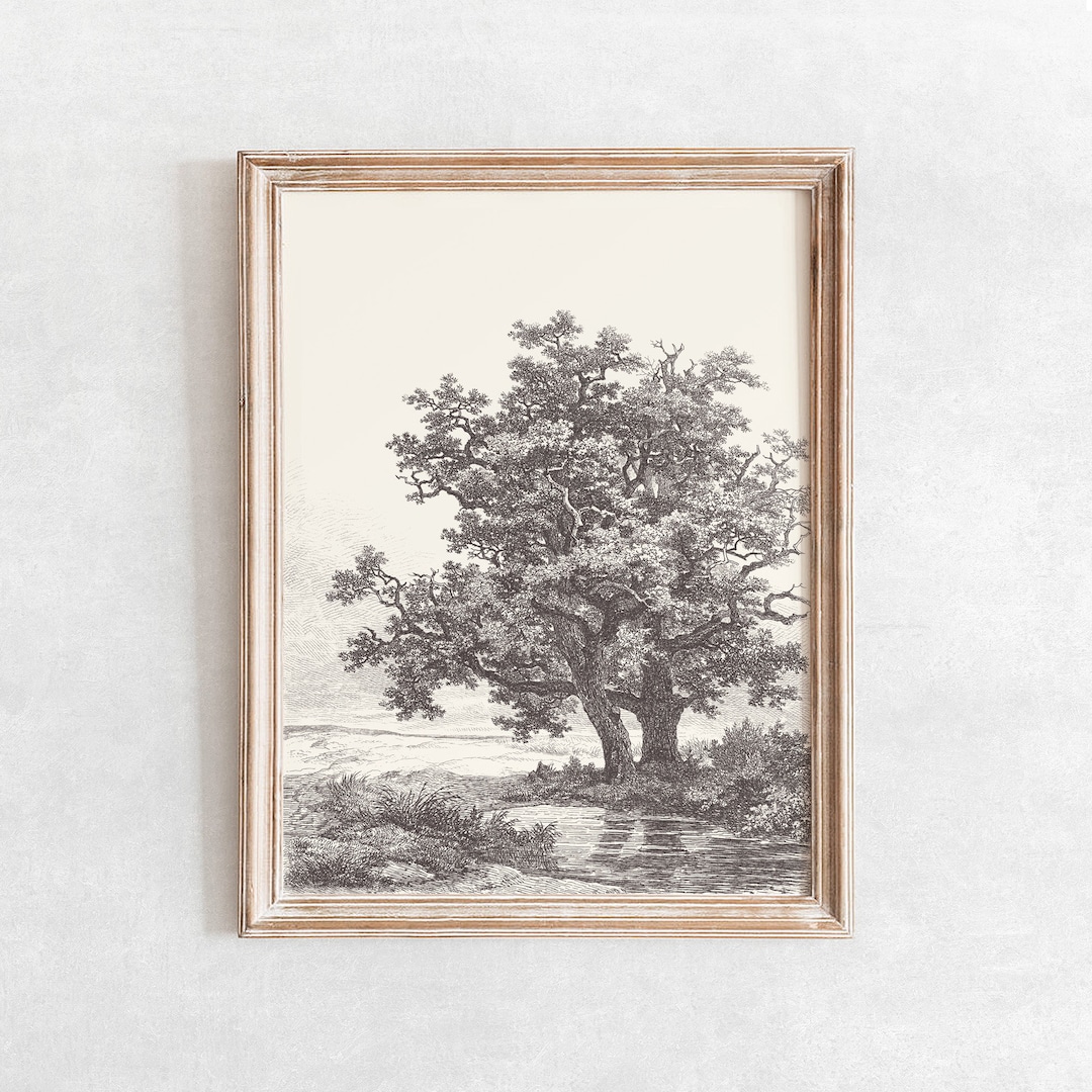 Tree Landscape Print, Printable Vintage Tree Sketch Enhanced, Neutral ...