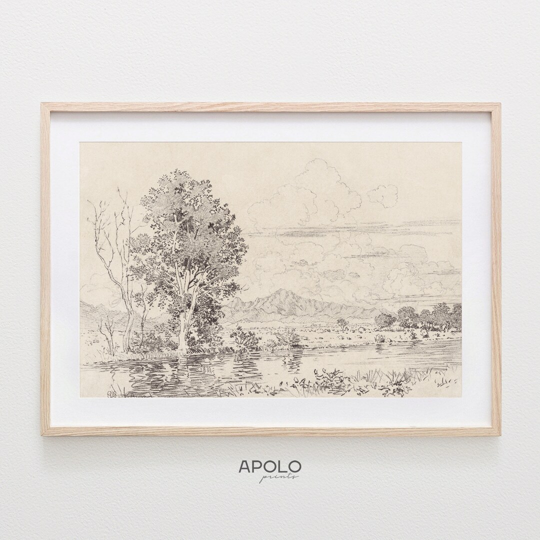 River Landscape Sketch Print, Printable Art, Vintage Charcoal Drawing ...