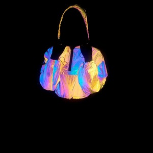 Women's Black Rainbow Reflective fish Scale Pattern Jacket, Unique Rave ...