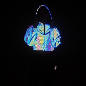 Women's Black Rainbow Reflective fish Scale Pattern Jacket, Unique Rave ...