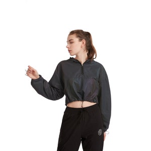 Women's Black Rainbow Reflective fish Scale Pattern Jacket, Unique Rave ...