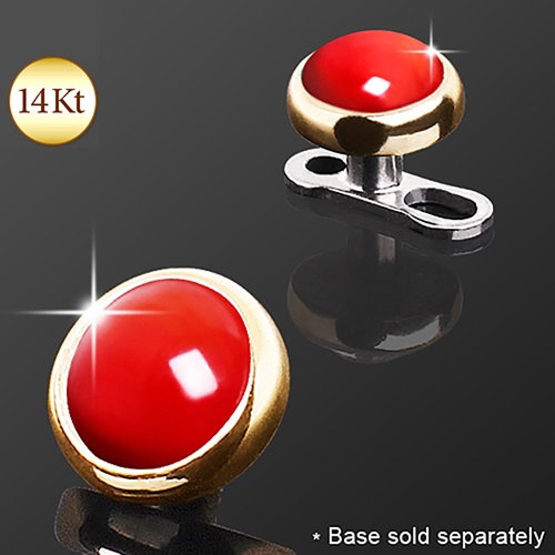14K Solid Gold Red Coral Stone Dome Dermal Anchor Stud Top Head ...
