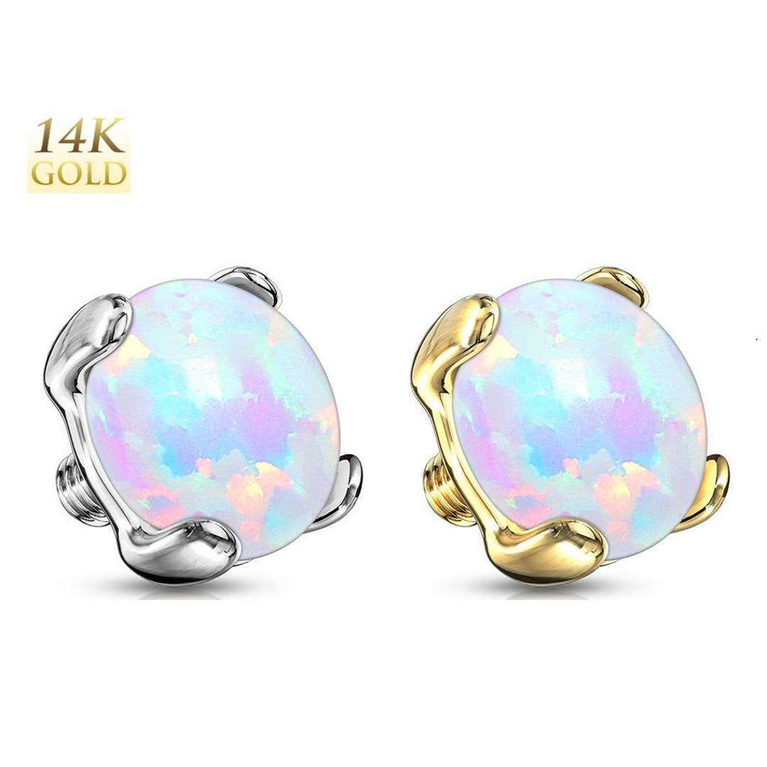 14K Solid Gold Opal Stone Stud Dermal Anchor Top Head Ring Internally ...