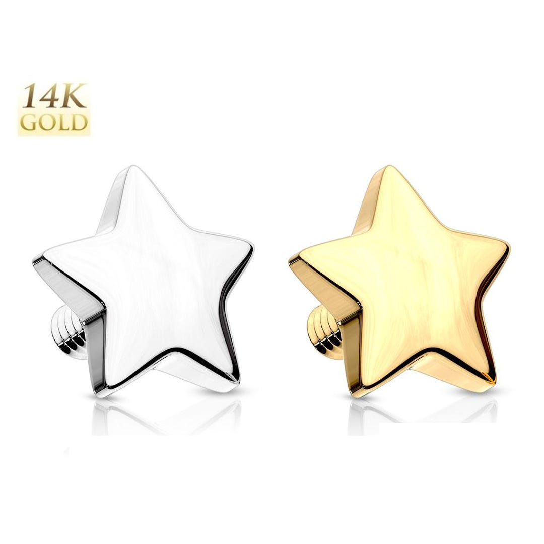 14K Solid Gold STAR Dermal Anchor Top Head Stud Ring Internally ...