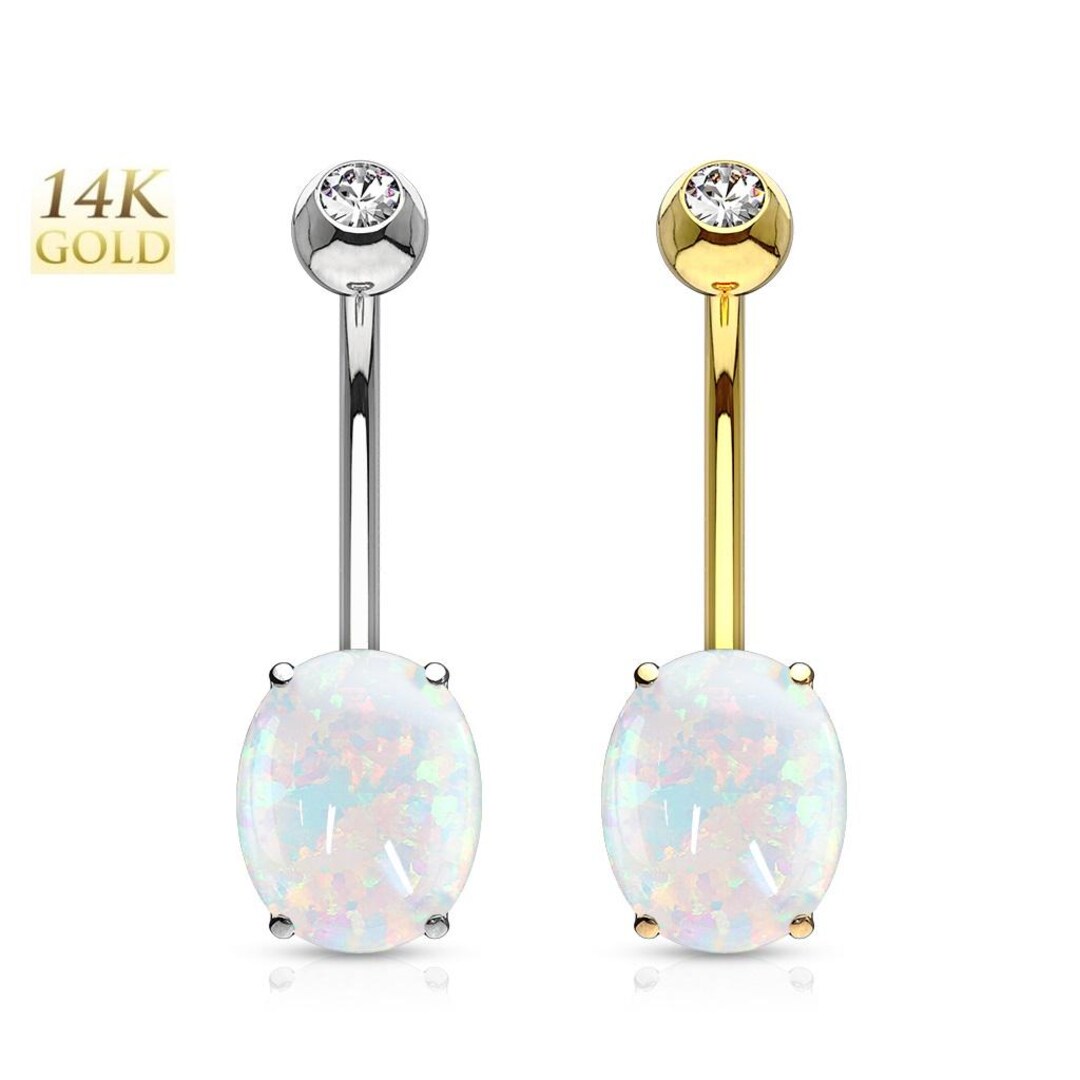 14K Solid Gold Opal Setting Clear Gem Ball Top Belly Button Ring Stud ...